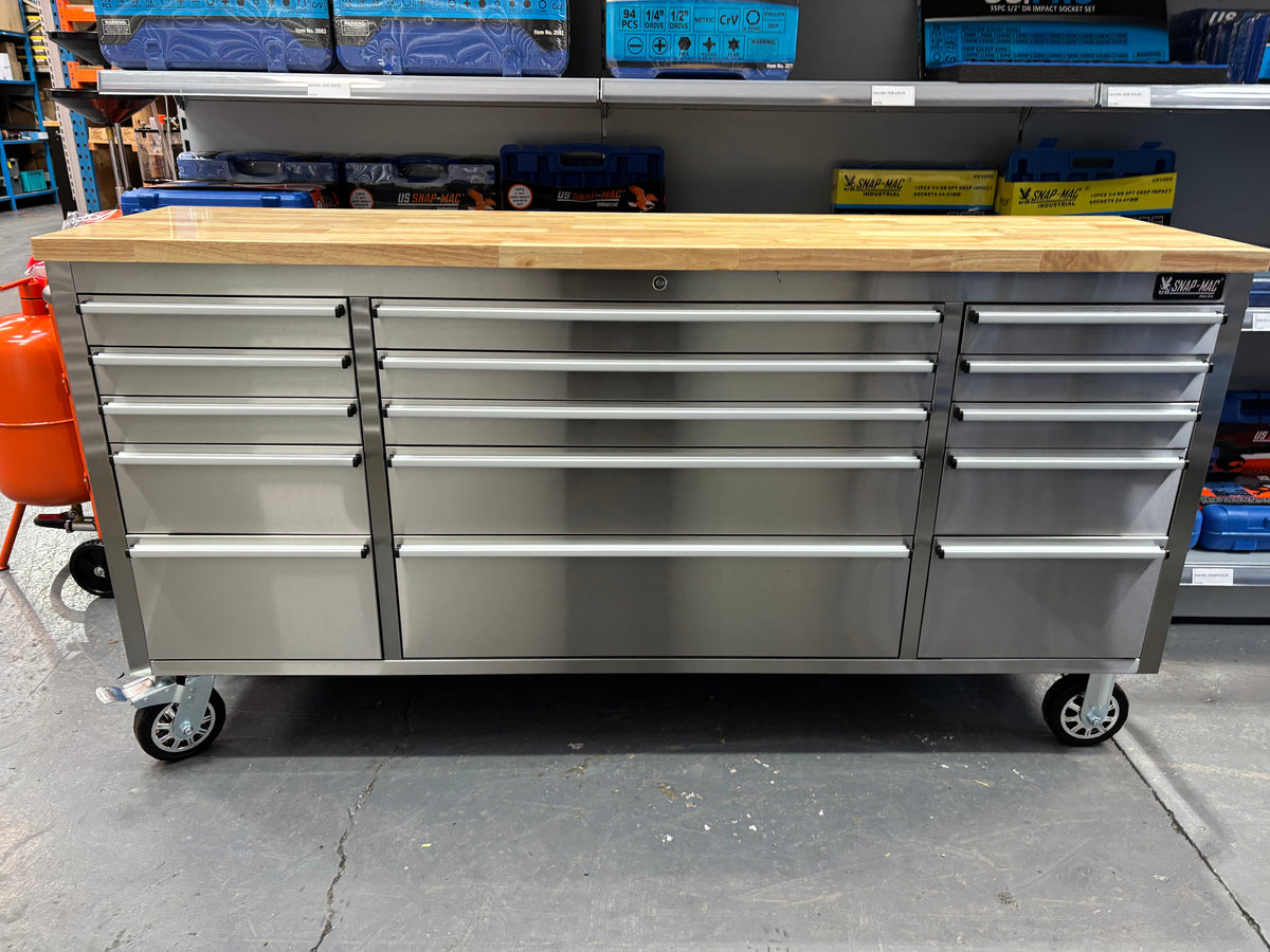 72in Stainless Steel 15 Drawer Work Bench Tool Chest Cabinet — W-Tools ...